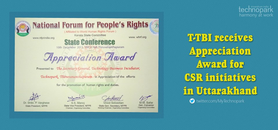 Technopark TBI receives Appreciation Award for CSR initiatives in Uttarakhand